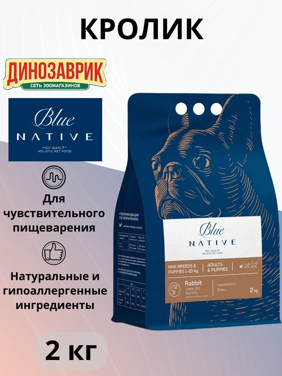Корм Blue Native Holistic Rabbit для щенков и взрослых собак мелких пород с кроликом 2 кг