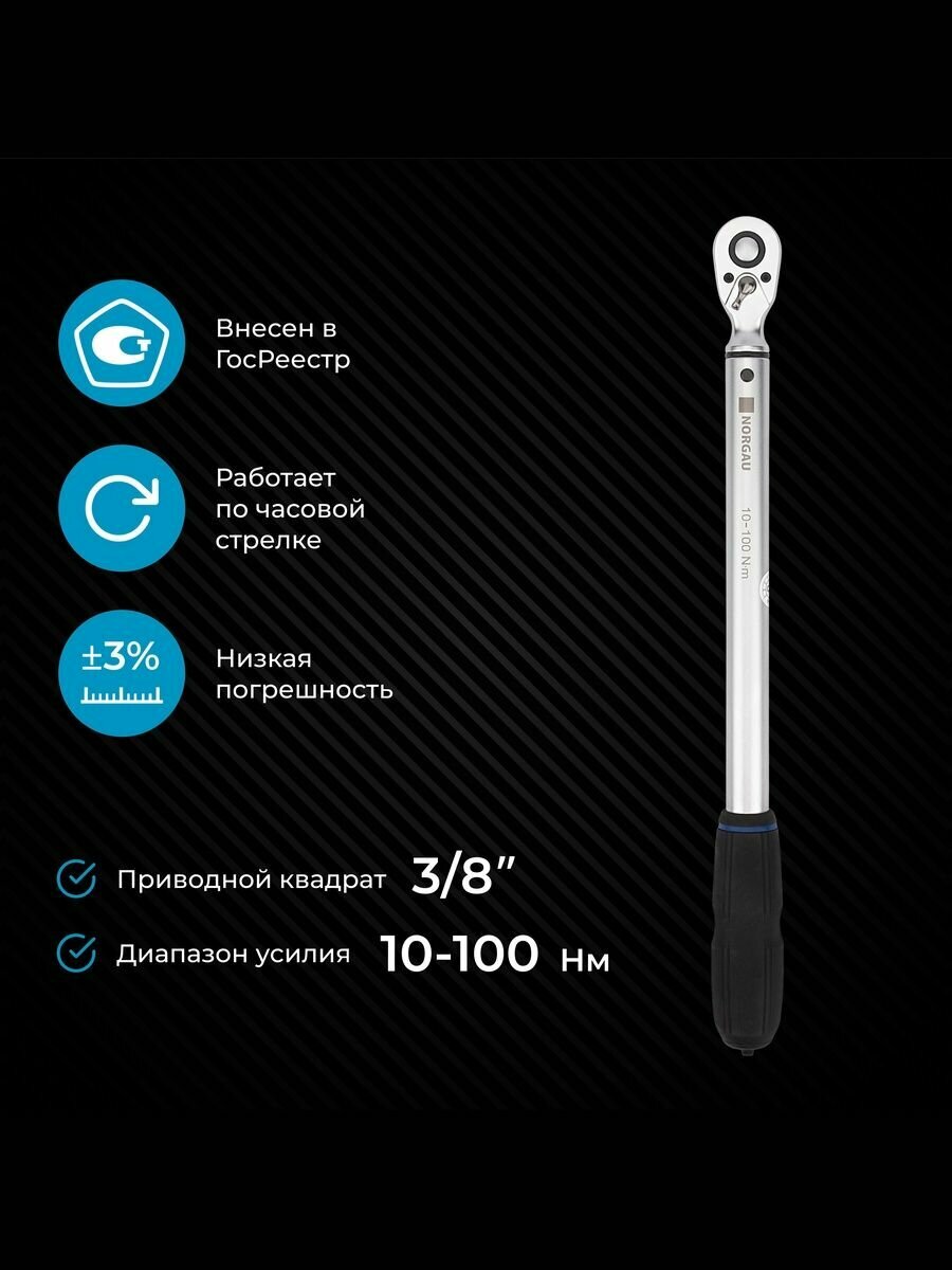 Динамометрический ключ NORGAU Industrial с записью в Госреестре 10-100 Нм под квадрат 1/4, защита от сброса настроек, с трещоткой