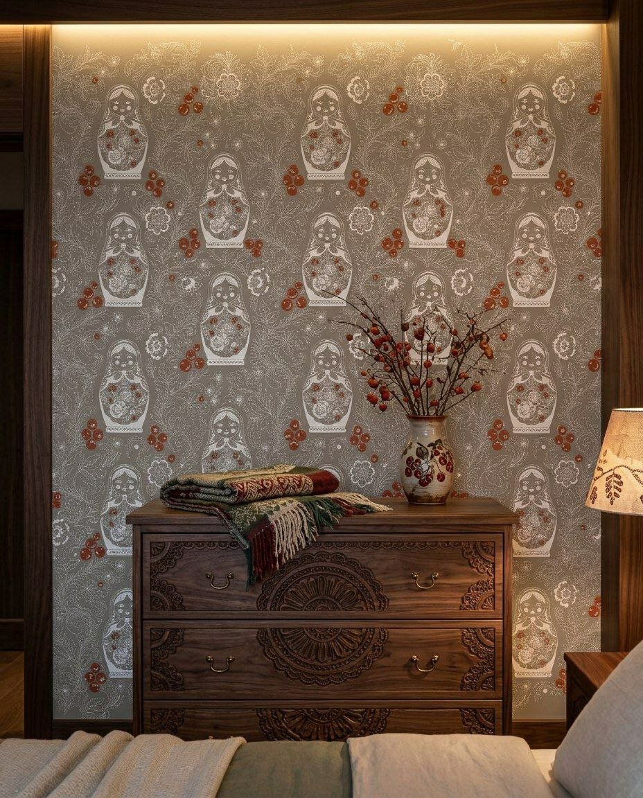 Обои бесшовные "Матрешки" бежевый холодный №3 (ширина 2750мм х длина 4000мм)