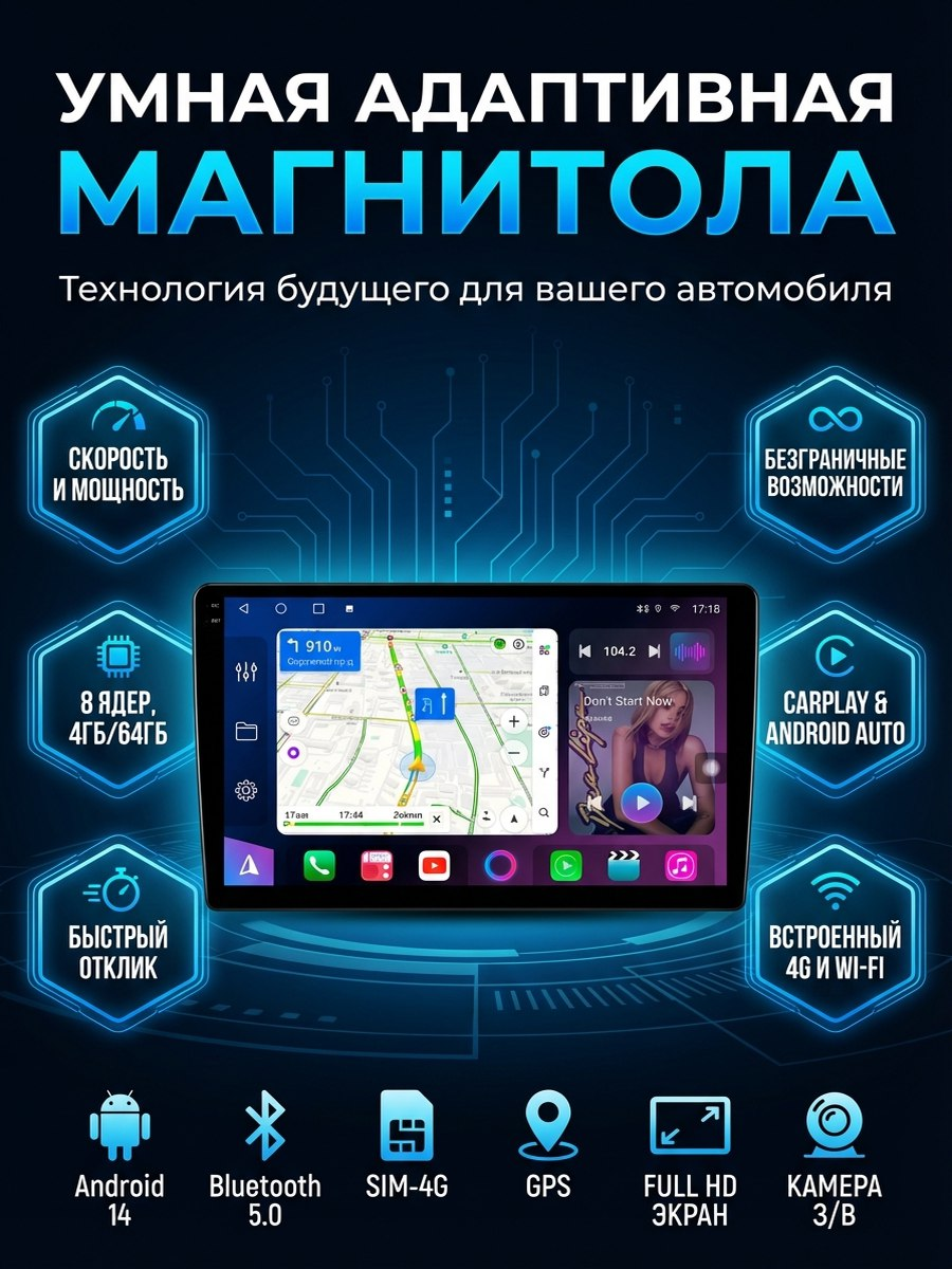 Магнитола универсальная 9 дюймов 4/64ГБ Android 14 (WiFi/4G/DSP/BT/GPS/IPS) CarPlay/Android Auto