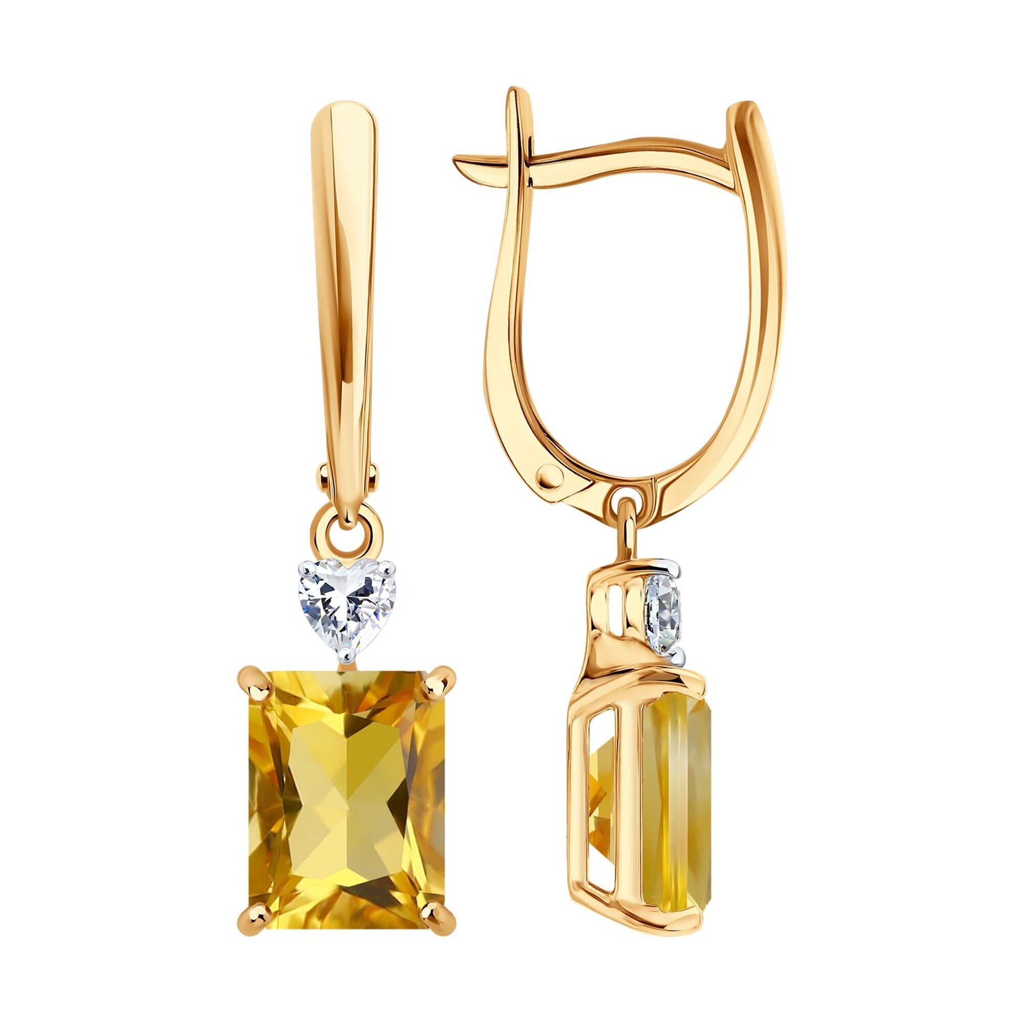 Серьги, красное золото, 585 проба, цитрин, фианит