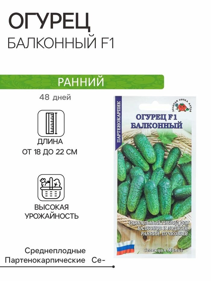 Семена Огурец Балконный , F1, партенокарпический, ранний, 0.15 г, Золотая сотка Алтая