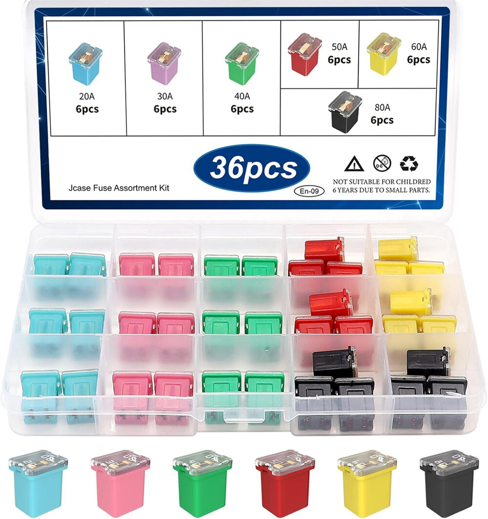 36Pcs For Jcase Fuse Car Fuses Assortment Kit Automotive Low Profile Box Shaped Micro Cartridge Fuses for Trucks Cars and SUVs (20A, 30A, 40A, 50A, 60A, 80A)