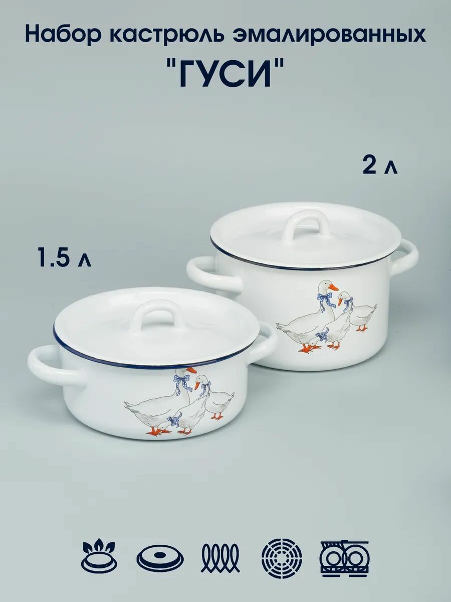 Кастрюля эмалированная 1,5 + 2 л Гуси