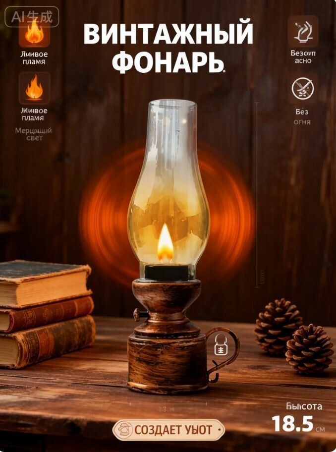 Фонарь декоративный с эффектом живого пламени 18.5 см, винтажная лампа керосиновая, светодиодный светильник ночник