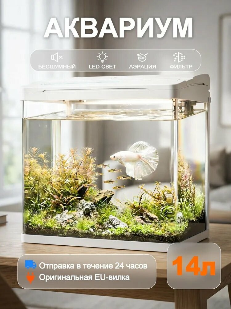 ZHONE Аквариум 19 л прямоугольный с LED-подсветкой и фильтром, стекло 5 мм, для начинающих, для дома,30*19.5*32 см