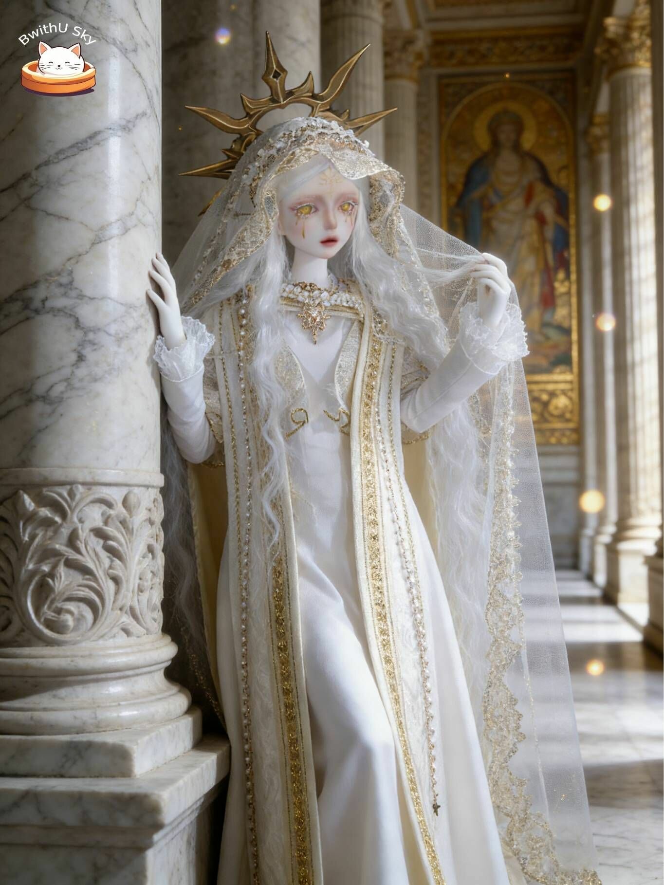 BwithUSky Janen 1/4 BJD: Роскошное Белое Священное Платье с Жемчужными Деталями Элегантный Святой Стиль