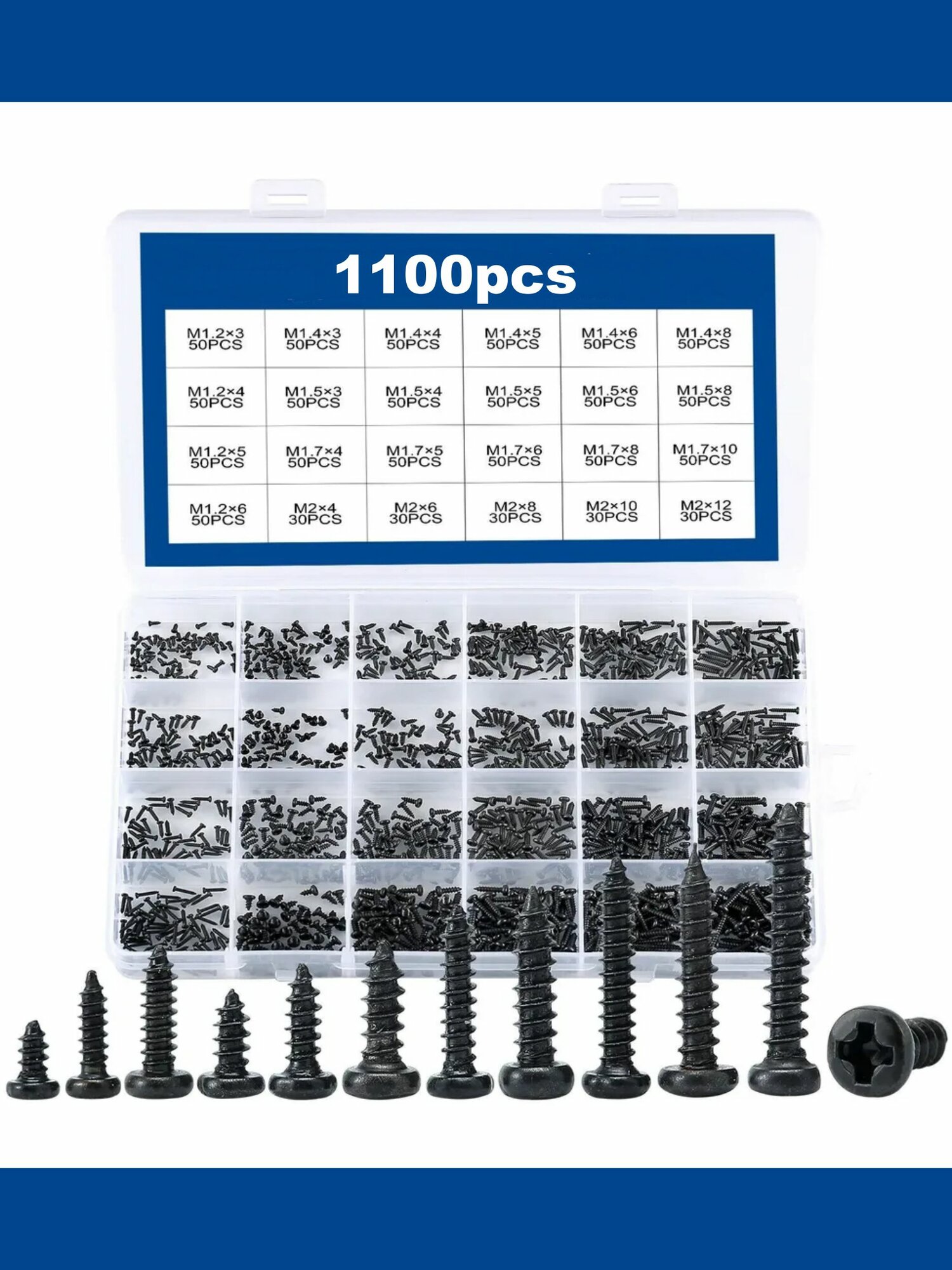 Набор 1100 шт. чёрных саморезов с крестообразной полупотайной головкой из углеродистой стали M1.2 M1.4 M1.5 M1.7 M2 для ноутбука