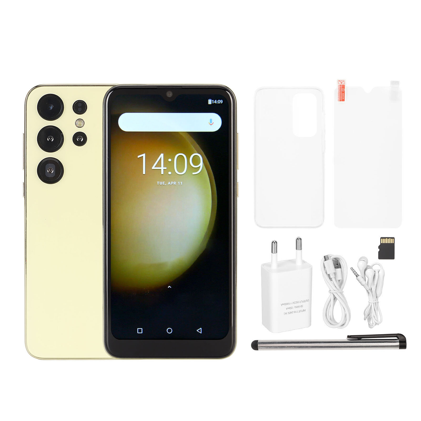 6.1дюймовый 3Gсмартфон: 4ядерный процессор, стилус, 4/32 ГБ, камеры 8+16 Мп, зарядка 100240В, желтый