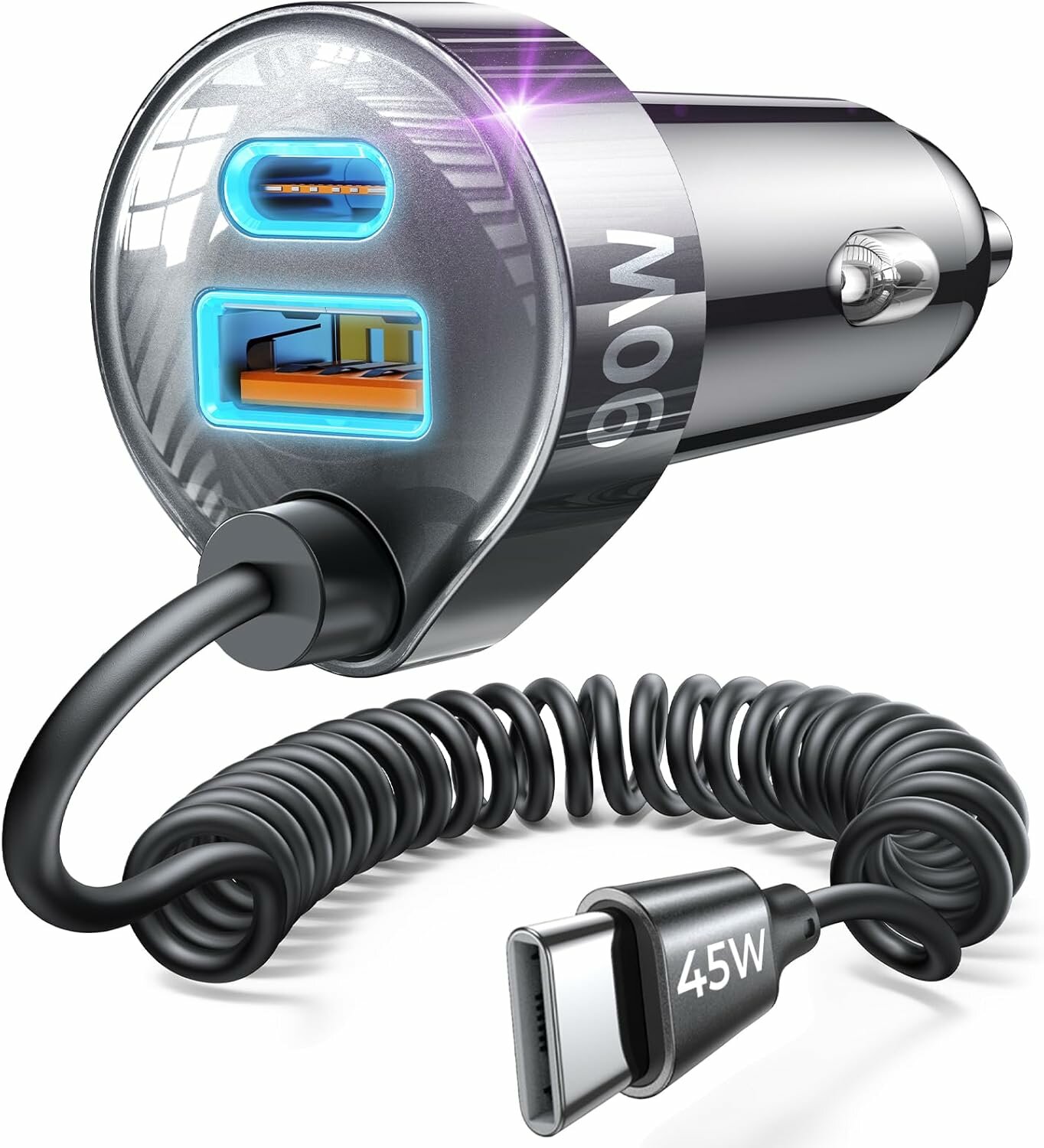 USB-зарядное устройство для прикуривателя мощностью 65 Вт, 6,6 фута для полного охвата, сверхбыстрое автомобильное зарядное устройство USB C со спиральным кабелем для сверхбыстрой зарядки мощностью 30 Вт, подходит для iPhone 17, 16, 15 Air Pro Max Plus, S