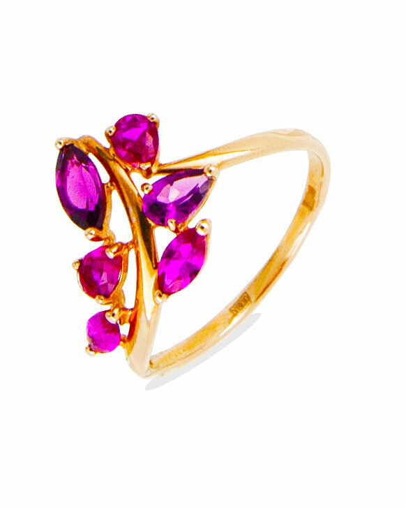 Кольцо на фалангу, красное золото, 585 проба, родолит, корунд синтетический