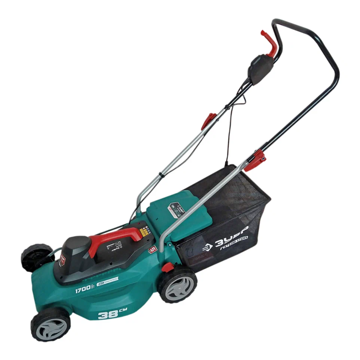 Газонокосилка электрическая ЗУБР ГСЦ-38-1700 черно-зеленый, 1700 Вт, травосборник 40 л мягкий