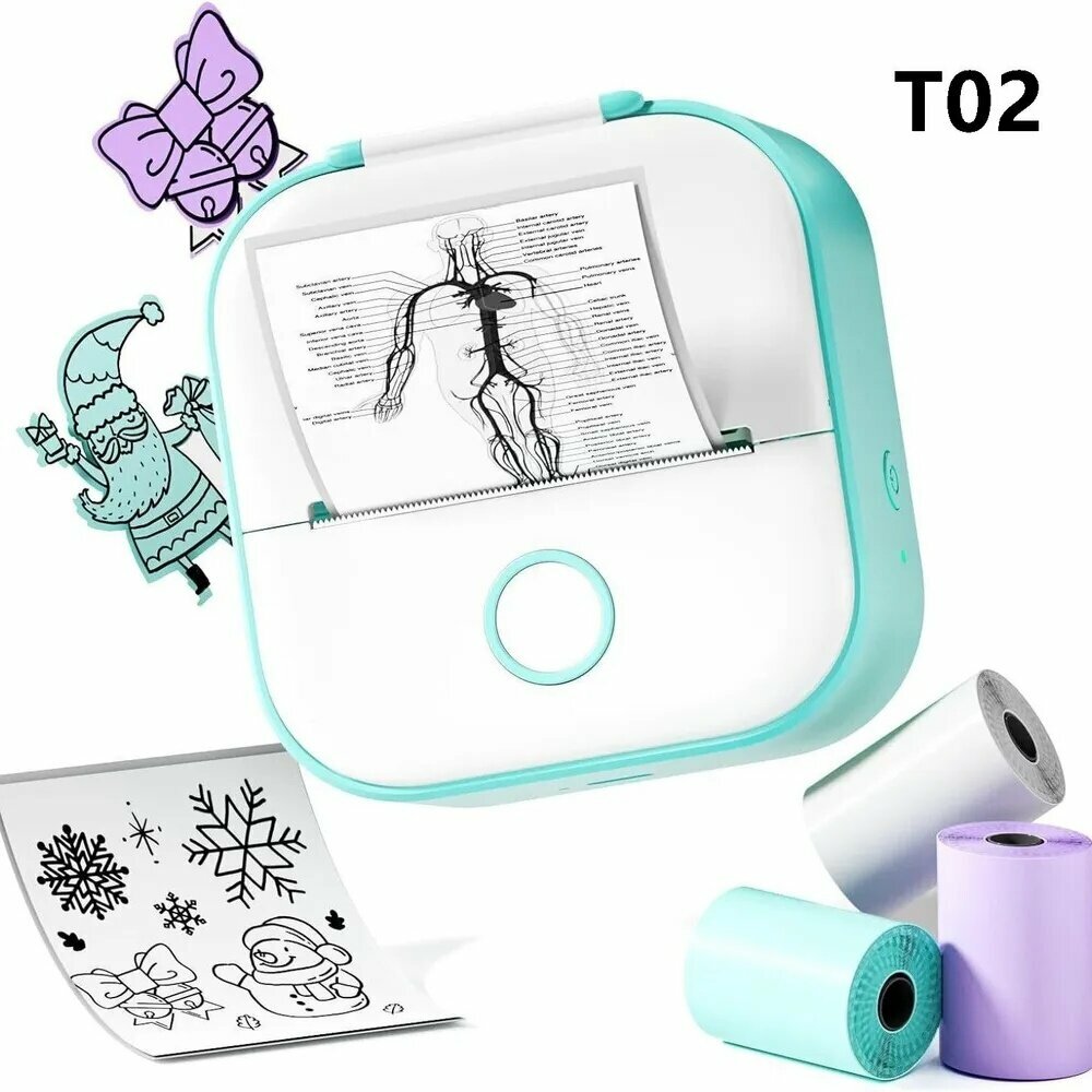 Phomemo Принтер термо Подарочный набор для термопринтера Phomemo T02 (3 бесплатных рулона расходных материалов), зеленый