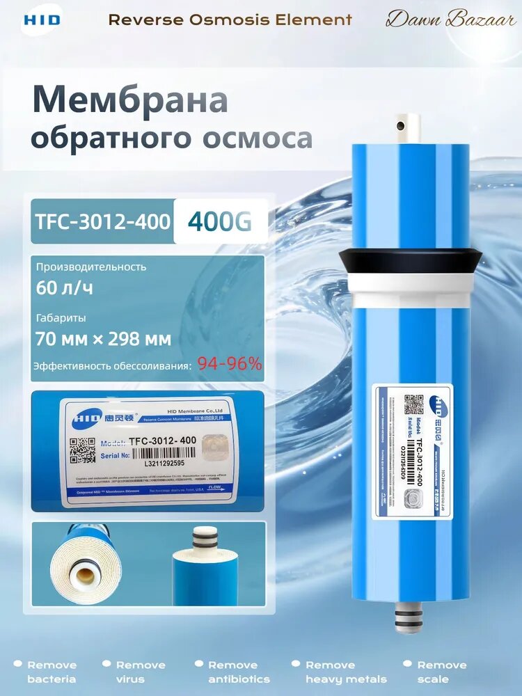 Мембрана обратного осмоса HID TFC-3012-400, 400 GPD, поток 1.00 л/мин, размер 70x298 мм, совместимость с корпусами 3012, универсальная для разных брендов