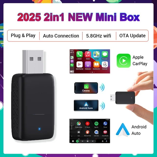 Этот беспроводной/проводной адаптер CarPlay 2-в-1 работает по принципу «подключи и работай» и поддерживает Apple CarPlay, экран Android Auto, быстрое подключение, Wi-Fi, Bluetooth и обновления OTA.
