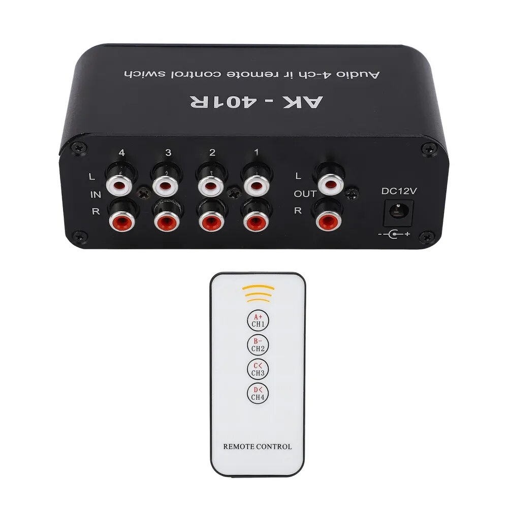 Аудио коммутатор AK-401R 1 вход 4 выхода RCA 12В с пультом ДУ