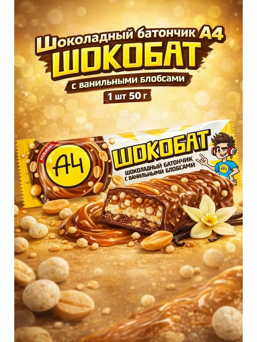 Шоколадный батончик А4 с ванильными блобсами 1 шт 40 г