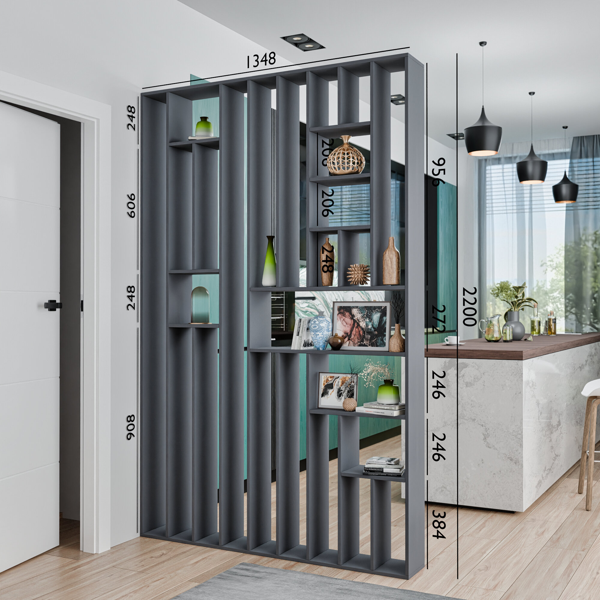 Реечная перегородка для зонирования пространства 1348 мм, Графит, ЛДСП