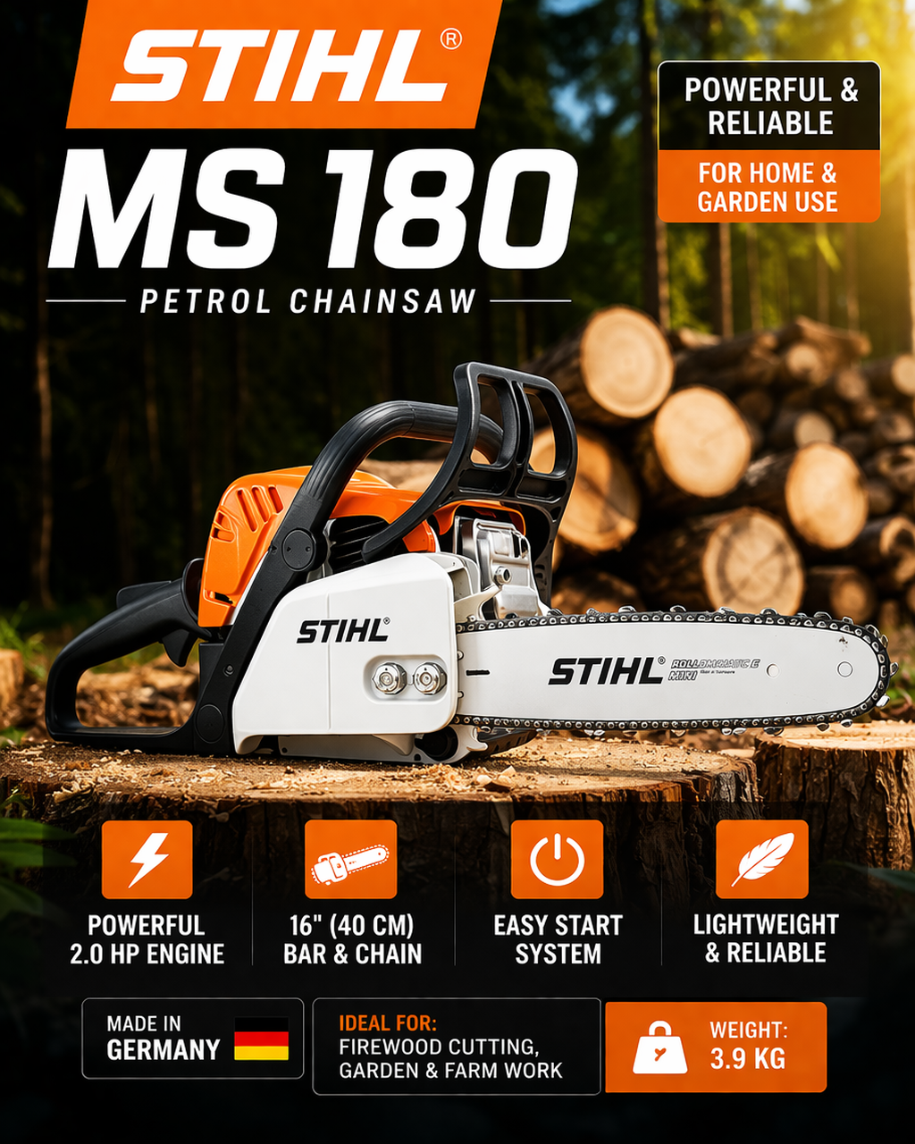 Бензиновая цепная пила Штиль MS 180 (1500 Вт, 2 л. с. двигатель 2т.)