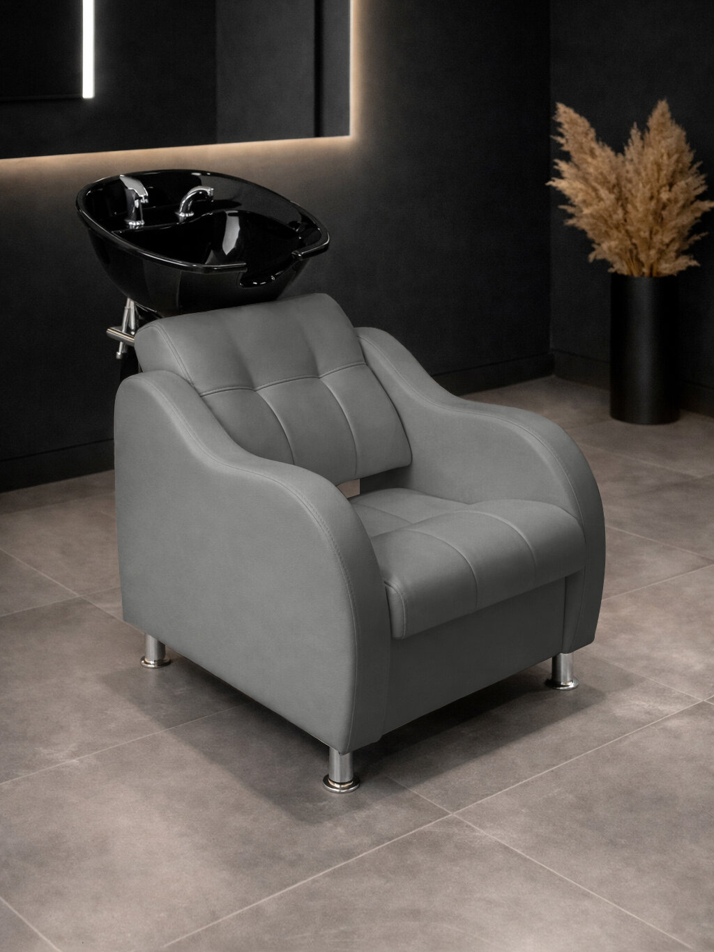 Парикмахерская мойка с креслом Волна, глубокая раковина черного цвета, Уютный мастер, светло- серый