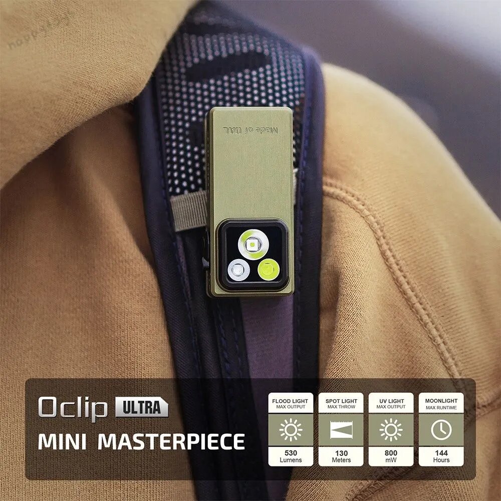 Olight Oclip Ultra Зеленый фонарь-прожектор, 530 Люмен, 130 метров, встроенный аккумулятор, IPX6