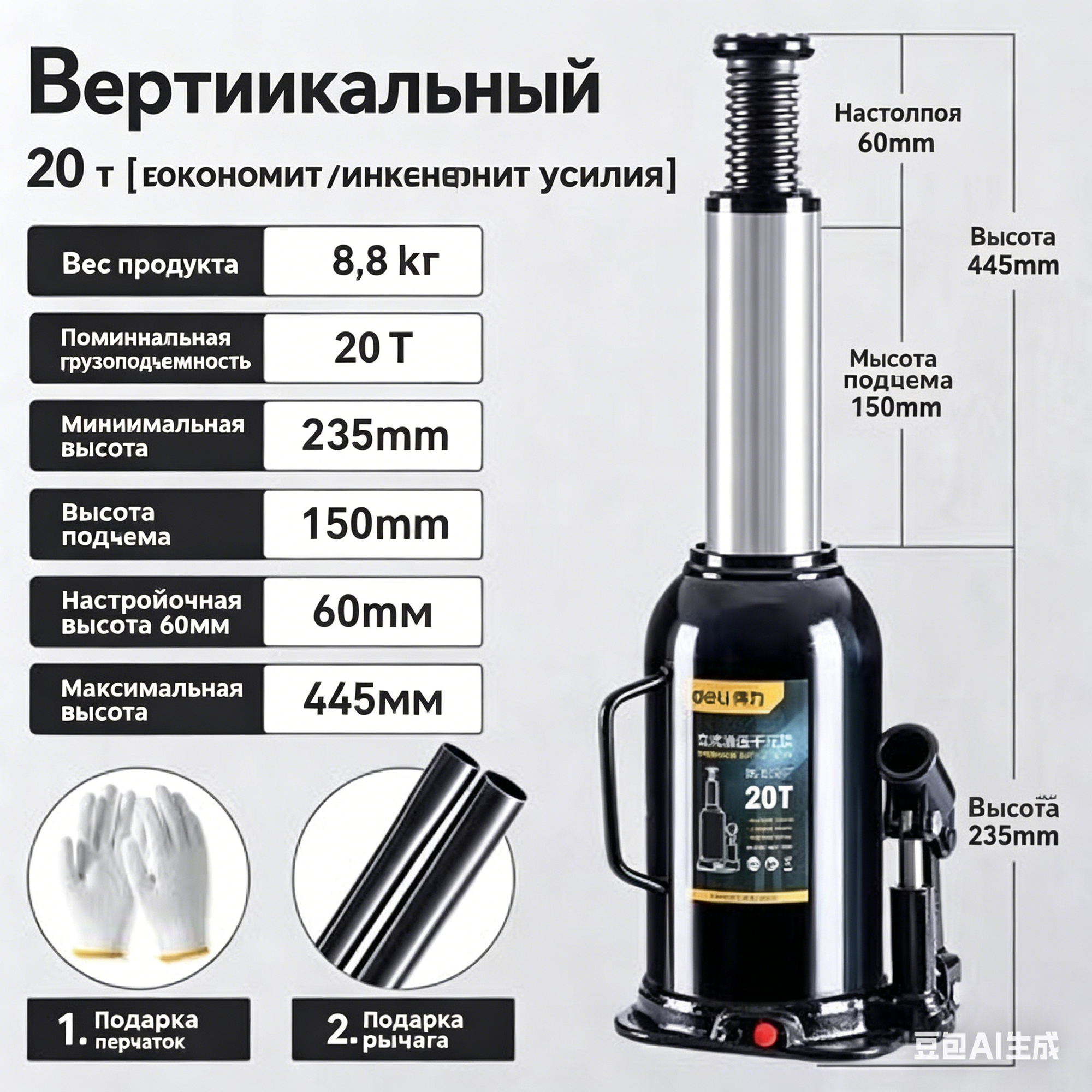 Ручной гидравлический домкрат 20т, для седанов и внедорожников, высота 235-445 мм