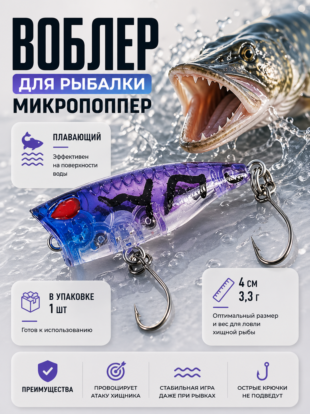 Воблер микропоппер, плавающая поверхностная приманка, с крючками, 4 см/3,3 г, сине-фиолетовая