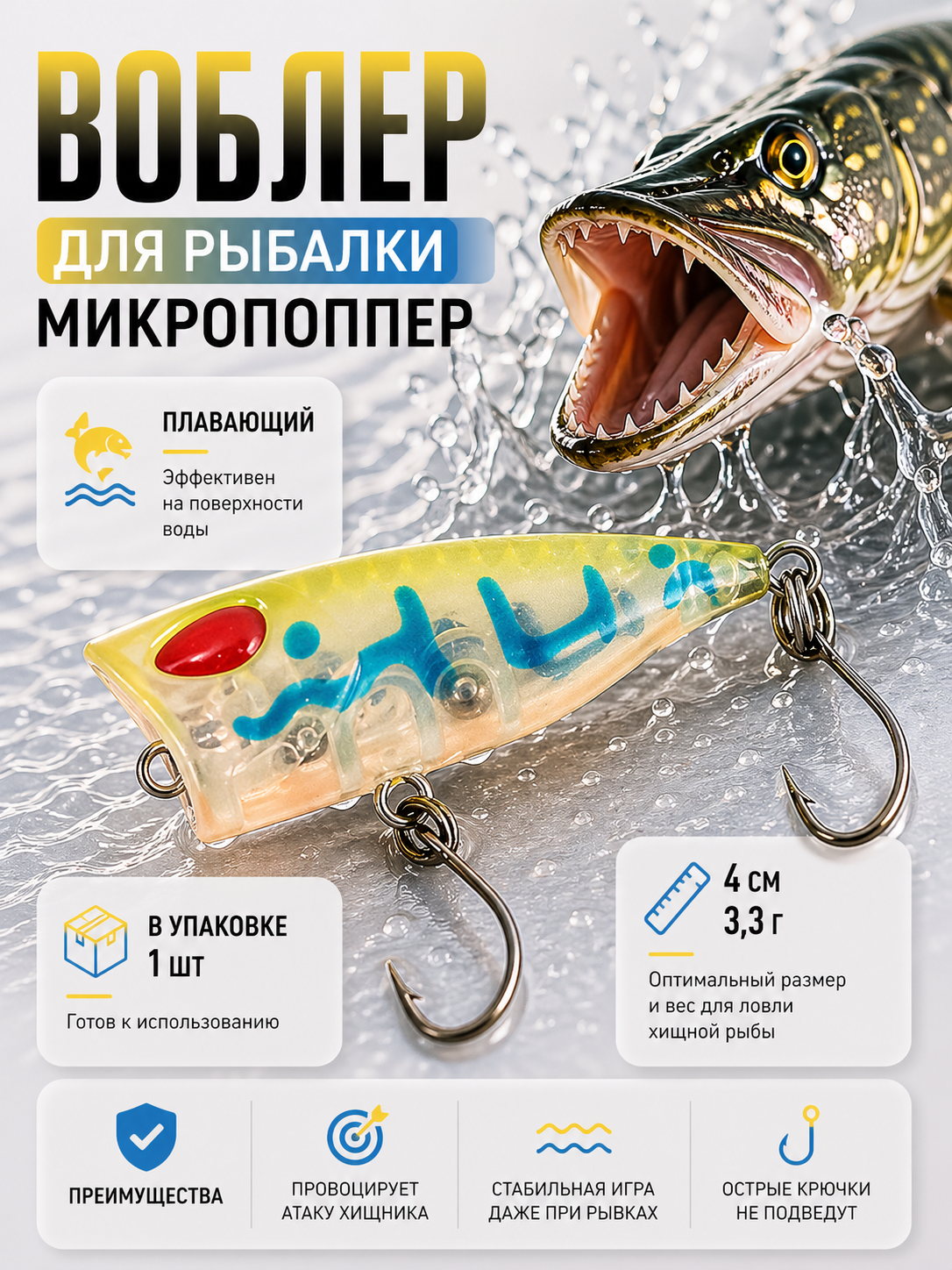 Воблер микропоппер, плавающая поверхностная приманка, с крючками, 4 см/3,3 г, желто-голубая