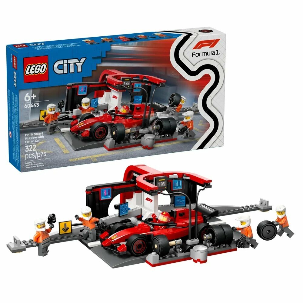 Лего City серия, LEGO 60443 Пит-стоп Формулы-1 и экипаж на машине Ferrari, lego конструктор для мальчика, лего для девочек