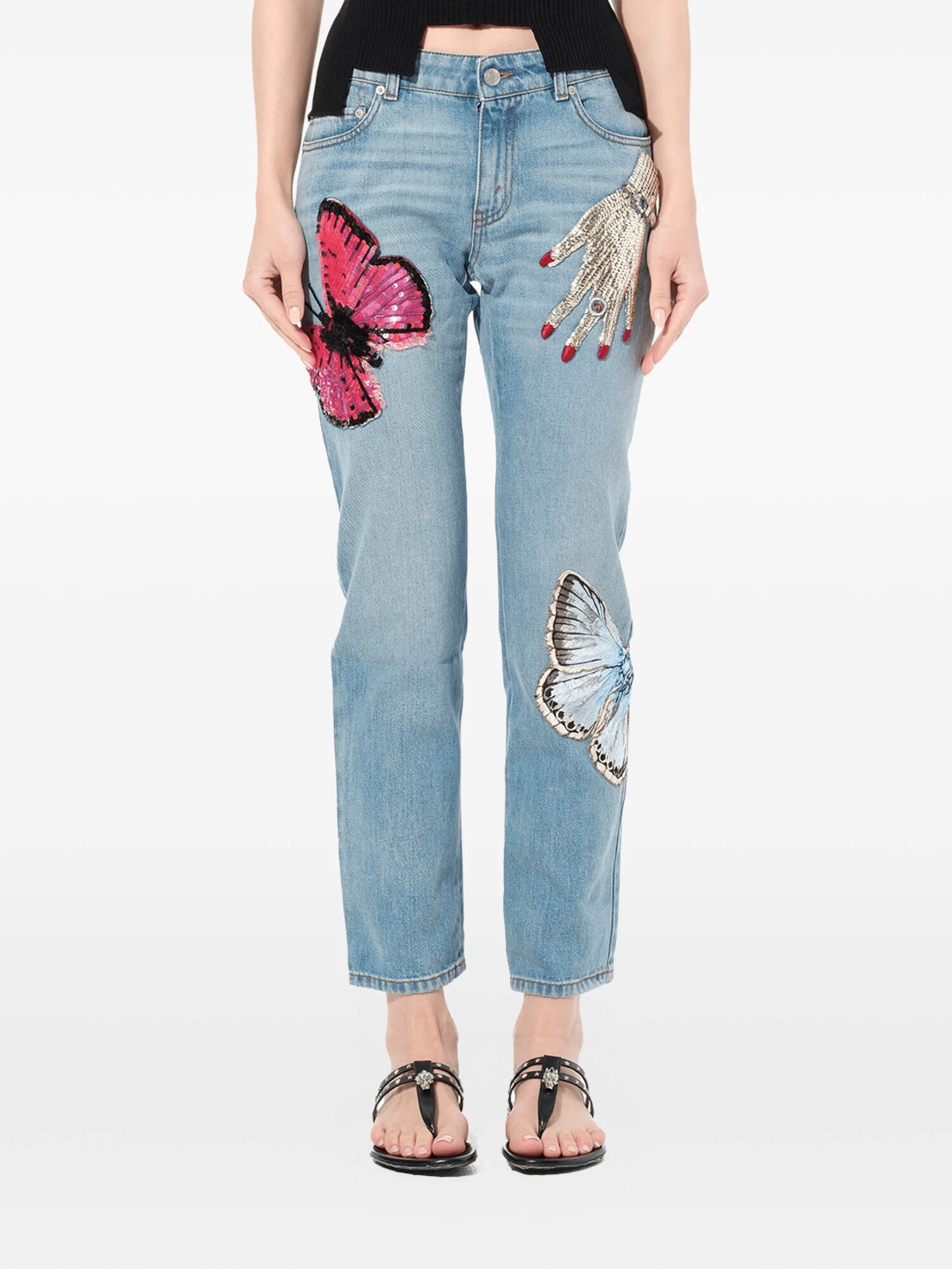 Джинсы Sequin-embellished butterfly-print jeans 