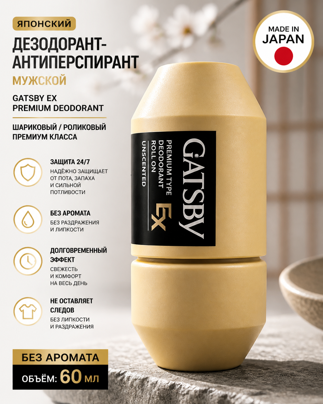 MANDOM Дезодорант-антиперспирант роликовый для мужчин Gatsby EX Premium Deodorant без аромата, 60г