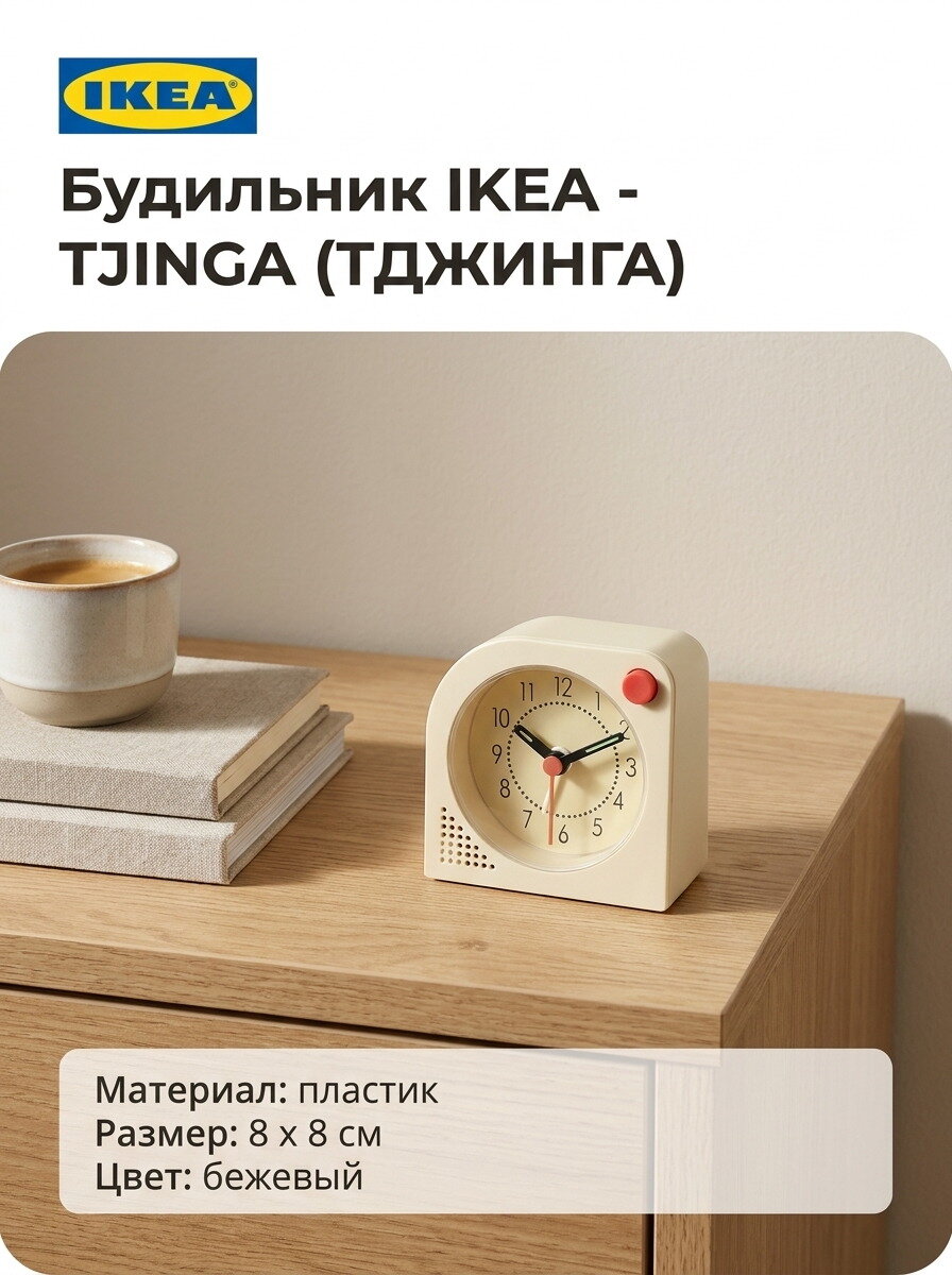 Будильник IKEA - TJINGA (тджинга), из пластика, 8 x 8 см, цвет бежевый, 1 шт