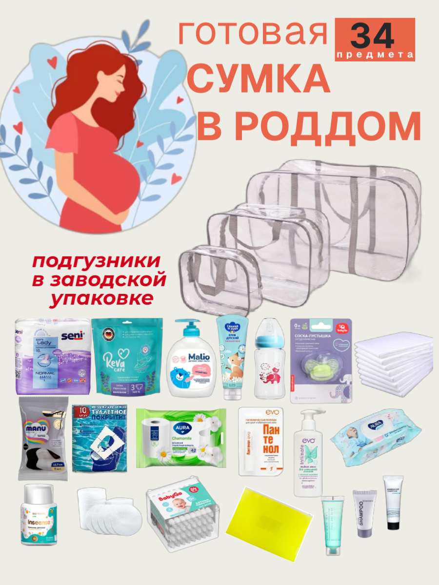 Готовая сумка в роддом с наполнением, для мамы и малыша, 34 предмета+3 сумки