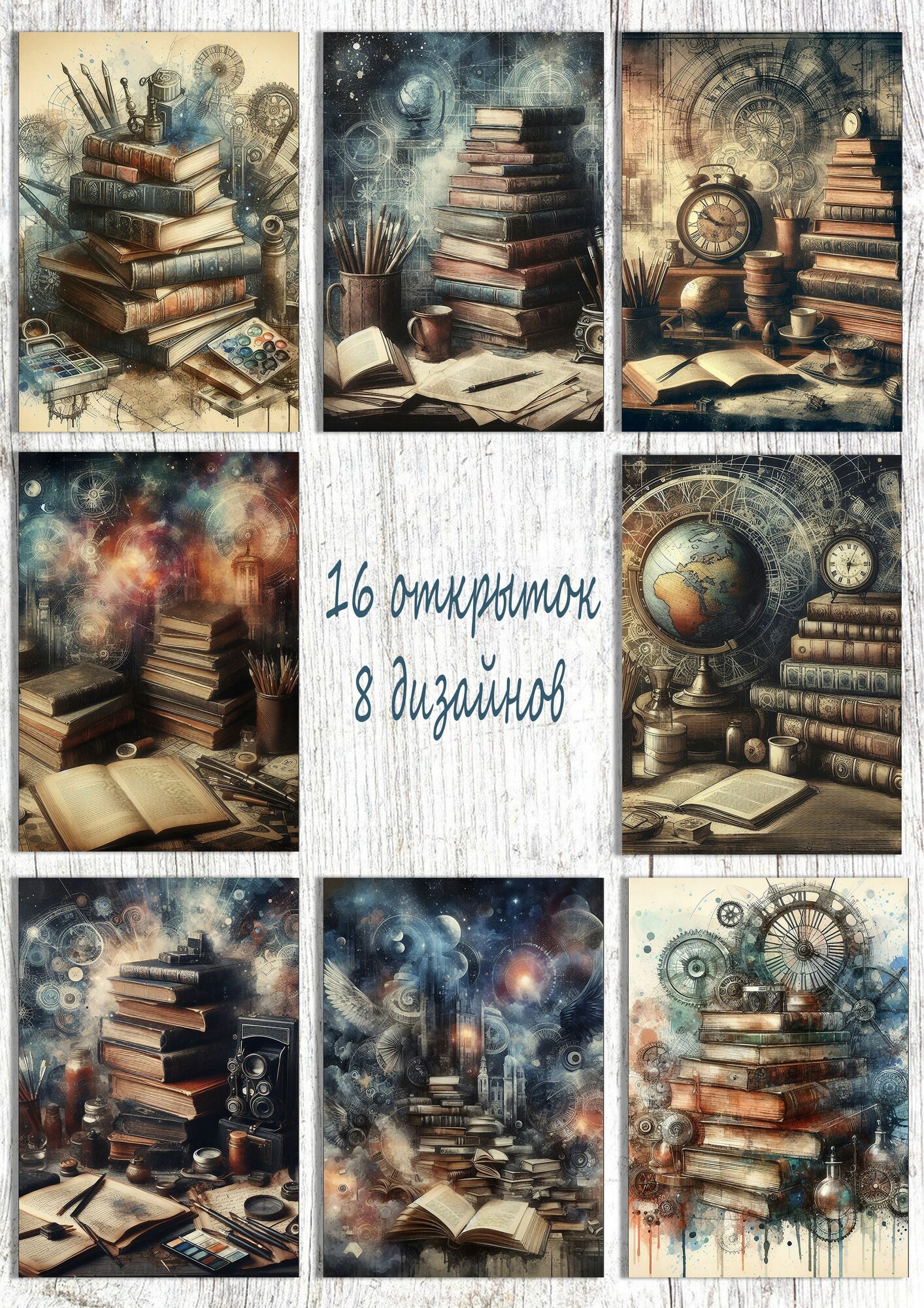 Открытки Книги, библиотека, 16 штук