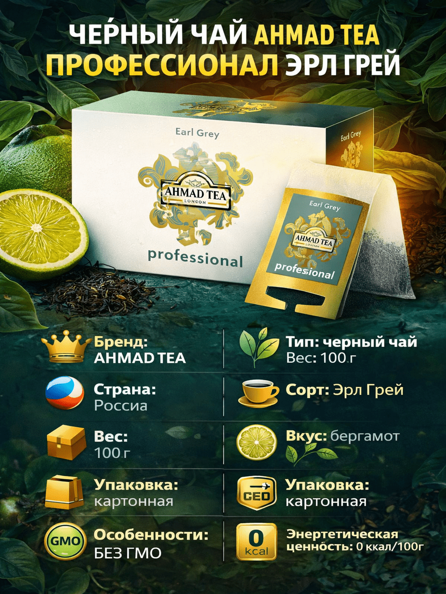 Чай черный Ahmad Tea Professional Эрл Грей для чайников (5г x 20шт), 100г