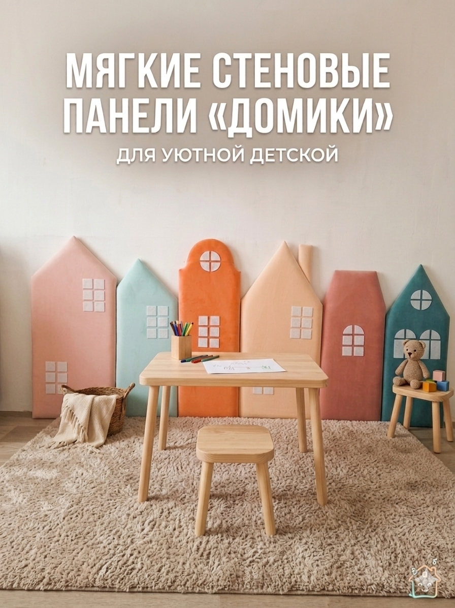 Мягкие стеновые панели из велюра для детской Домики - 6 шт Изголовье кровати мягкое Цвет Мятная конфета