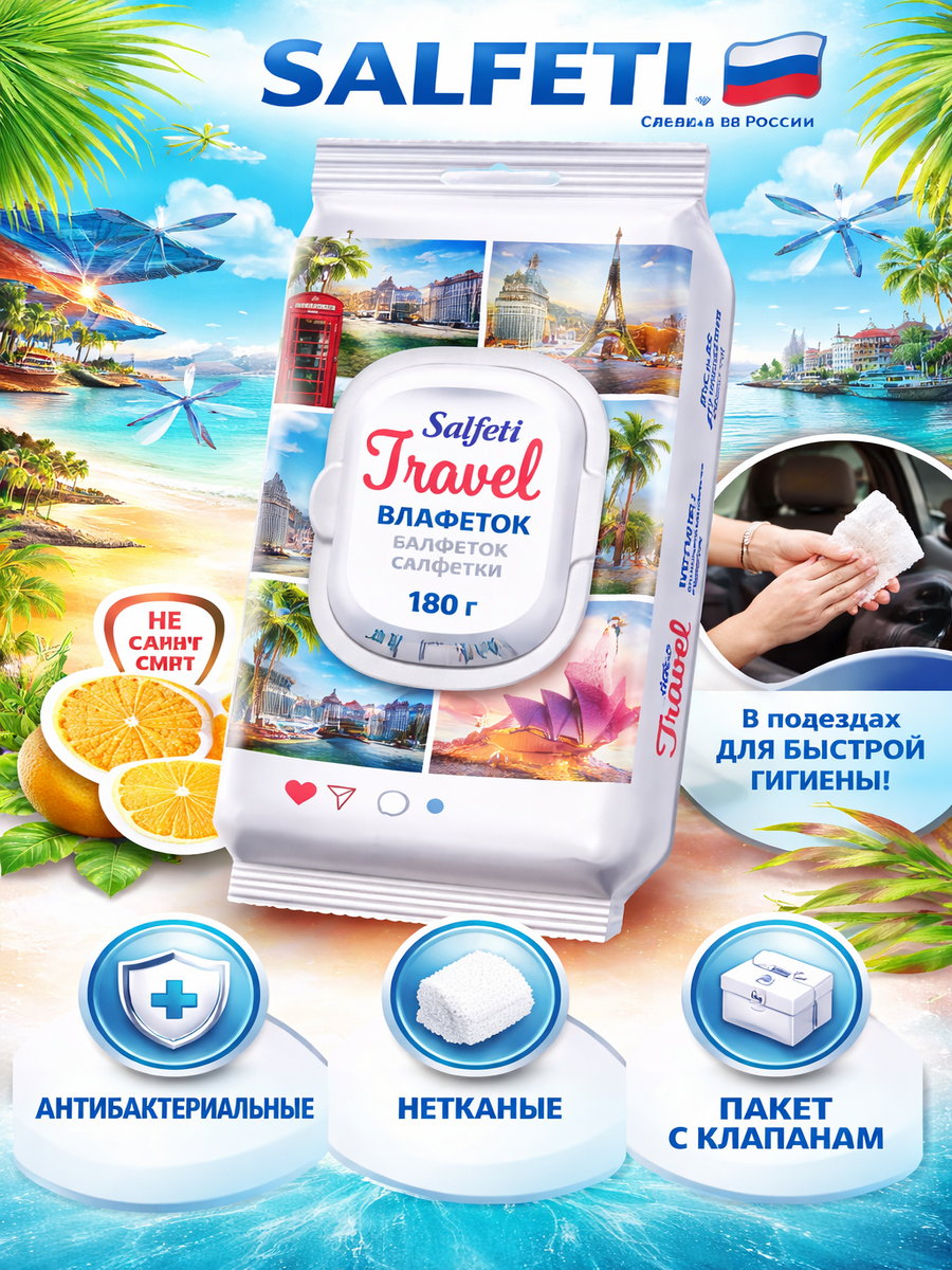Салфетки влажные Salfeti Travel универсальные, 50 листов