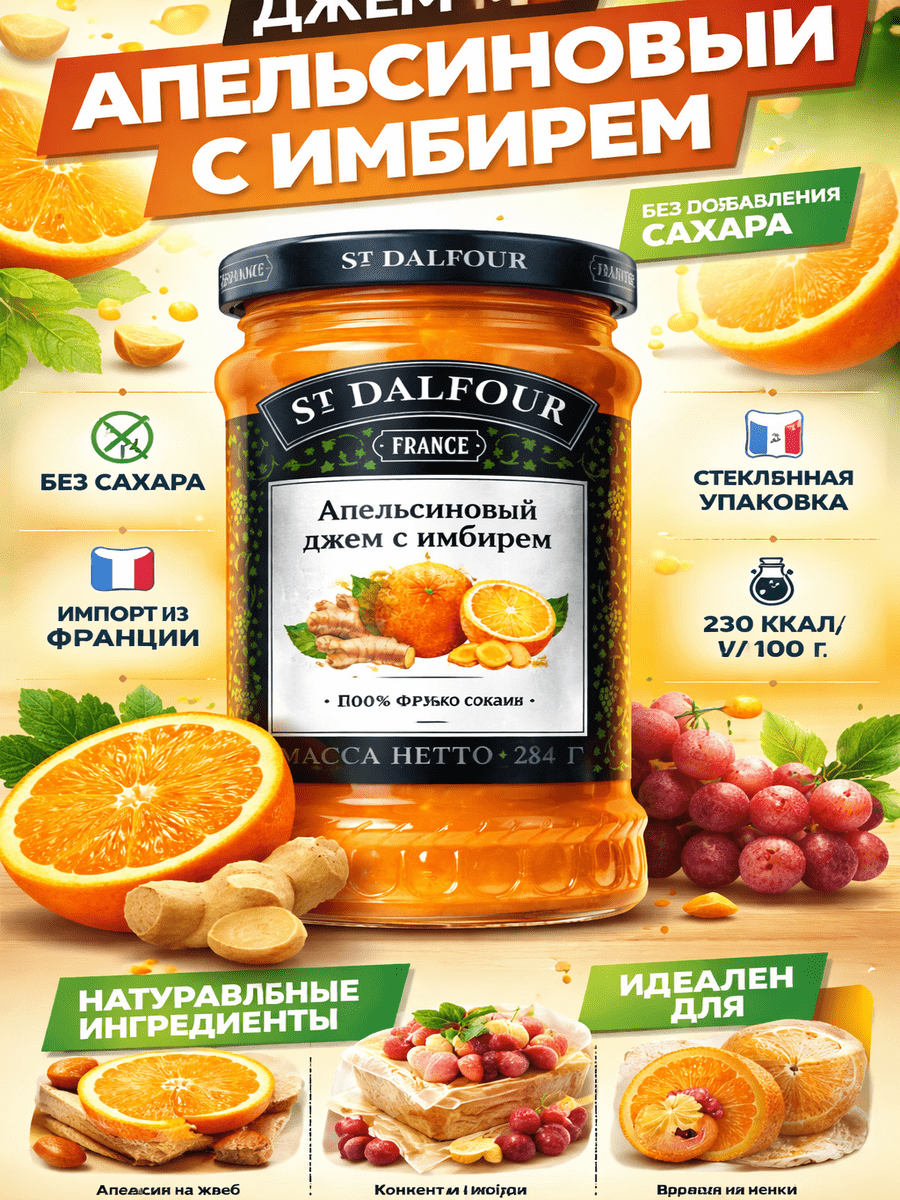 Джем St. Dalfour апельсиновый с имбирем без сахара, 284г