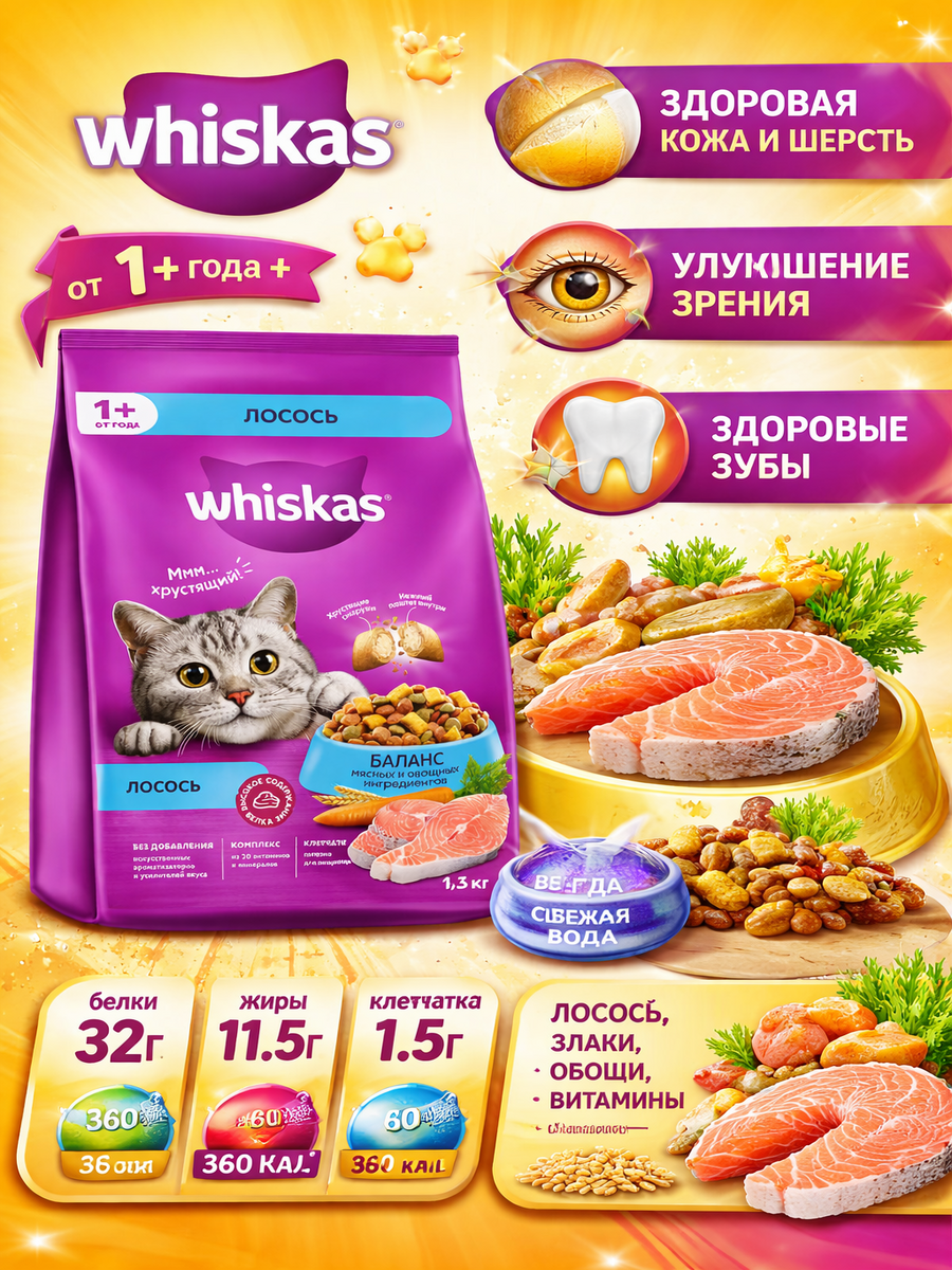 Сухой корм Whiskas для кошек лосось, 1.3кг