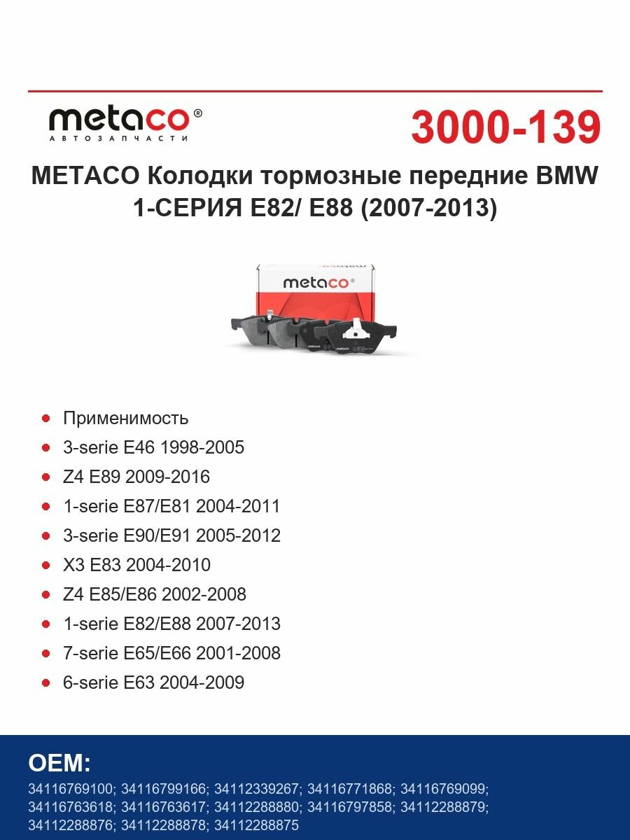 METACO Колодки тормозные передние BMW 1-СЕРИЯ E82/ E88 (2007-2013)