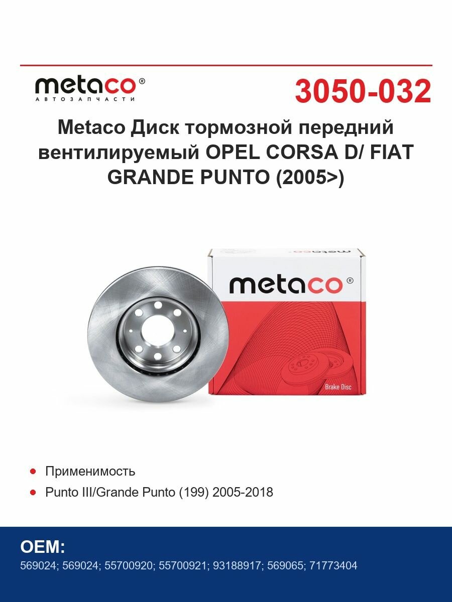Metaco Диски тормозные передний вентилируемый OPEL CORSA D/ FIAT GRANDE PUNTO (2005>)