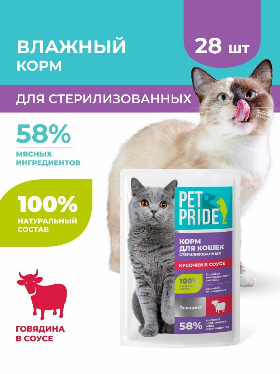 Влажный корм PET PRIDE для взрослых стерилизованных кошек, с говядиной, кусочки в соусе, 28 шт х 75 г