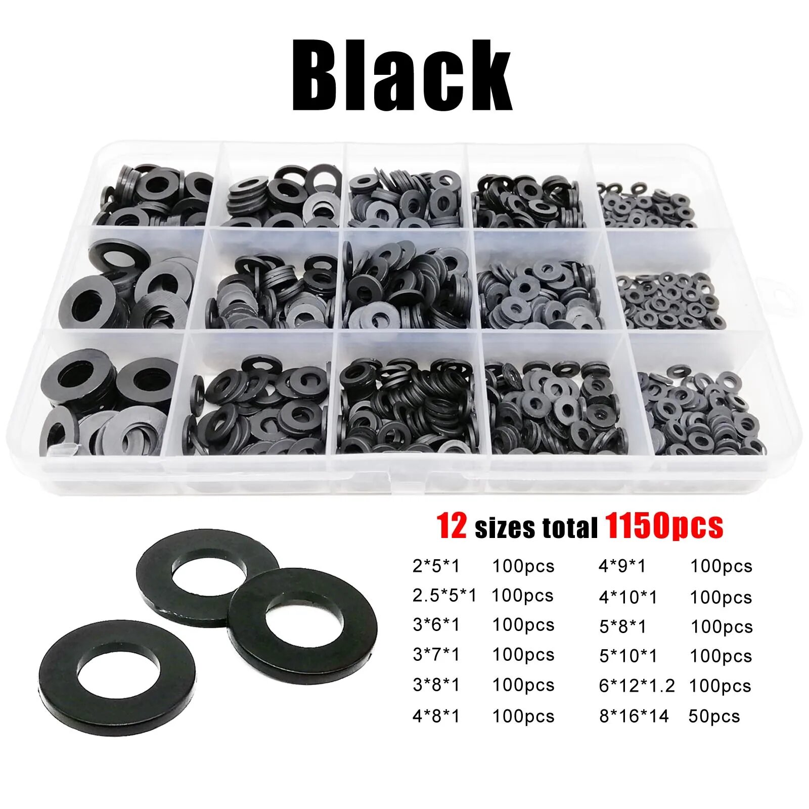 Набор пластиковых нейлоновых шайб M2-M8 black 1150pcs