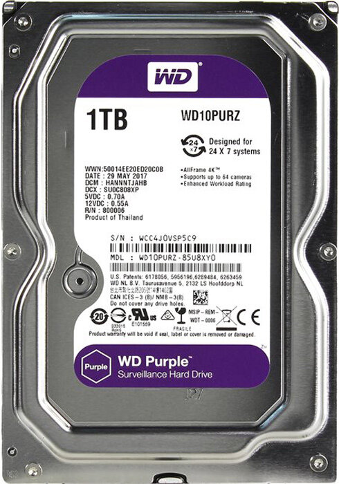 Western Digital 1 ТБ Внутренний жесткий диск Purple 3.5" 5400 об/мин, 3.5", 5400 об/мин, SATA III 6 Гбит/с (WD10PURZ)