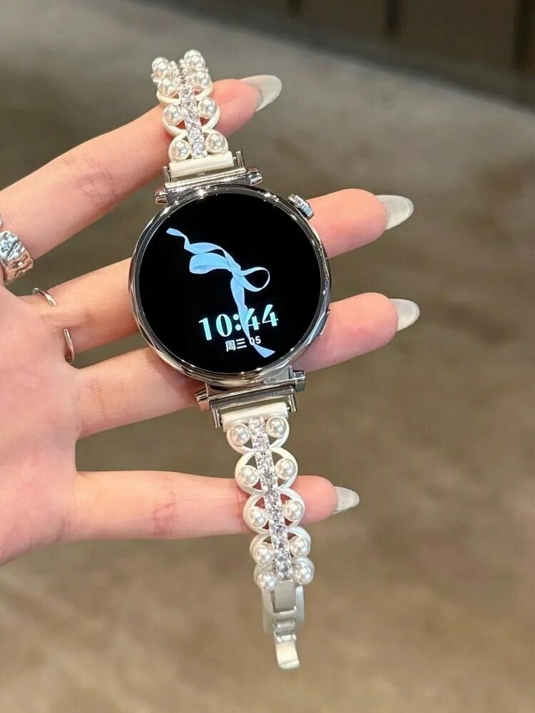 Металлический ремешок для 20мм смарт-часов Honor Choice Haylou Watch/ Band, между двумя рядами жемчужин вставлены стразы, дизайн в стиле браслета, легкий и удобный/ модный минимализм