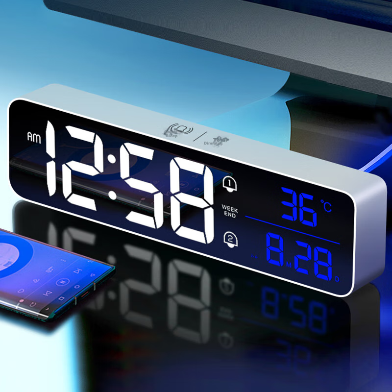 Mashi Alarm Clock LED Electronic Music Super Loud Night Light Multi-function Living Room Wall Hanging Large Size Table Clock PLUS Edition White