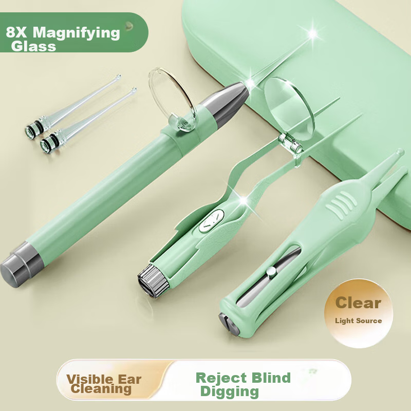 Baoshi Children's Ear Pick, Luminous Visible Ear Cleaning Tool, Ear Tweezers, Nose Tweezers, Nose Pick, Ear Cleaning Tool, 3-Piece Set - Green