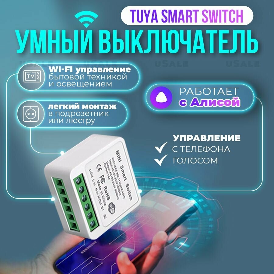 Мини переключатель WiFi реле mini Smart Switch WI-Fi 16A. Алиса, Alexa, Google Home, Маруся. WiFi Smart реле 16A в подрозетник для умного дома