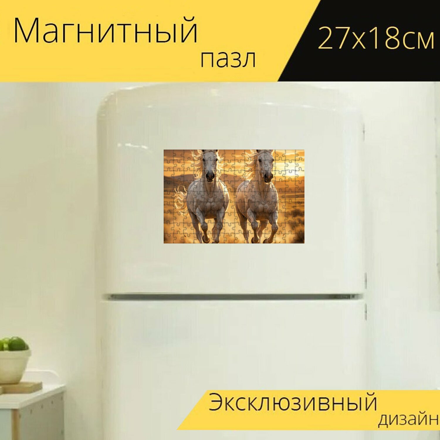 Магнитный пазл "Две белые лошади на закате. Парные светлые скакуны мчатся по степной дороге, поднимая пыль на фоне золотого неба и мягких холмов." на холодильник 27 x 18 см.