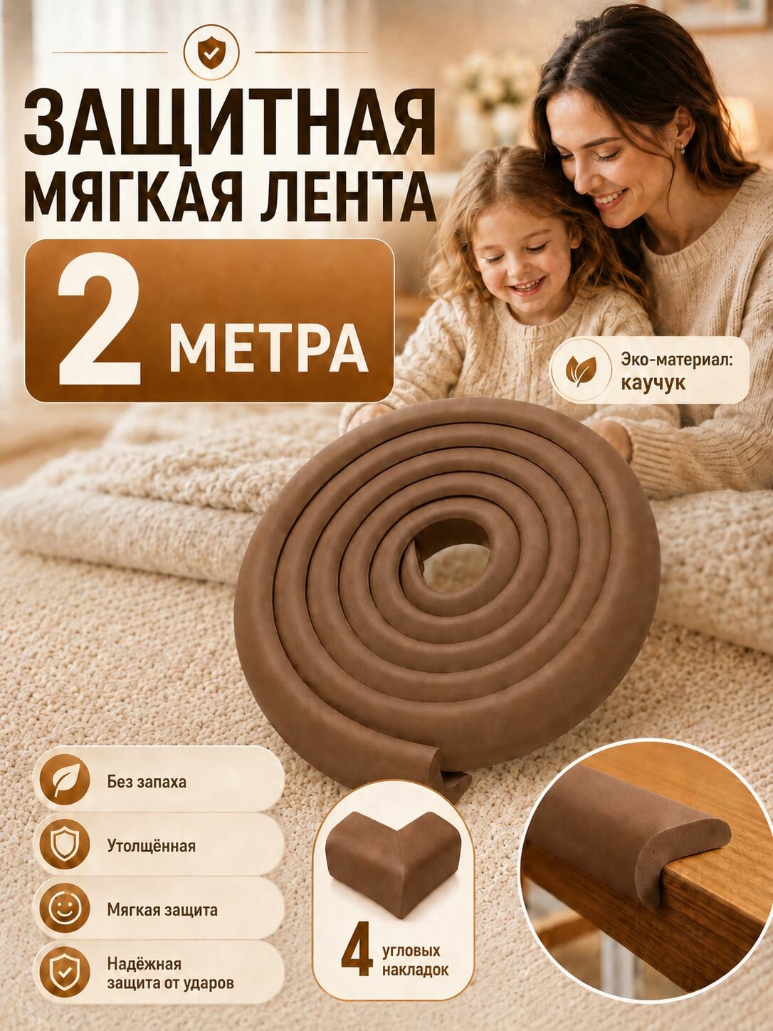 Защитная накладка на углы мебели и стены 2 метра, бестселлер для безопасности малыша от ударов и падений, выполнена из мягкого материала